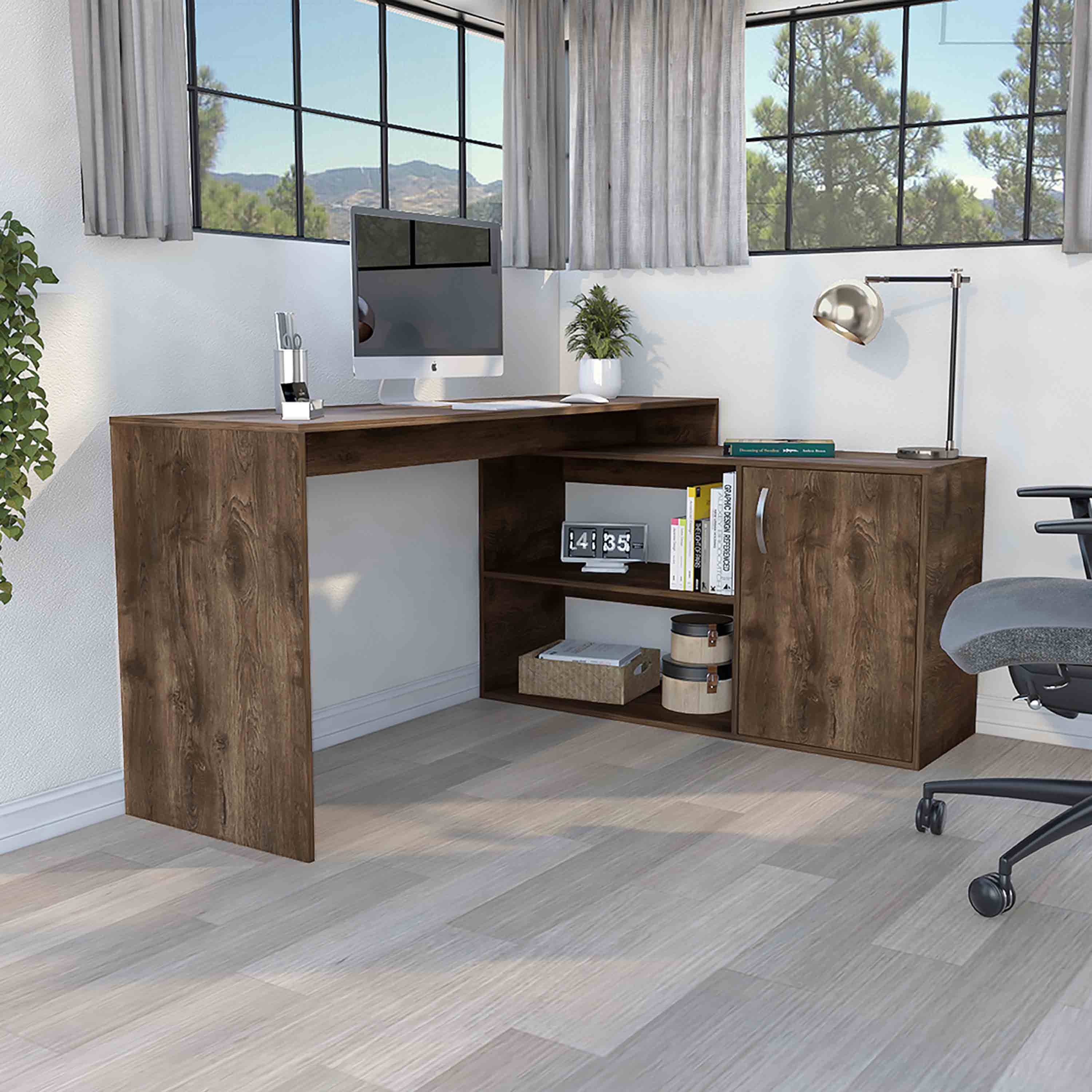 Axis Modern L Shaped Computer Desk With Open & Closed Storage Dark Bro