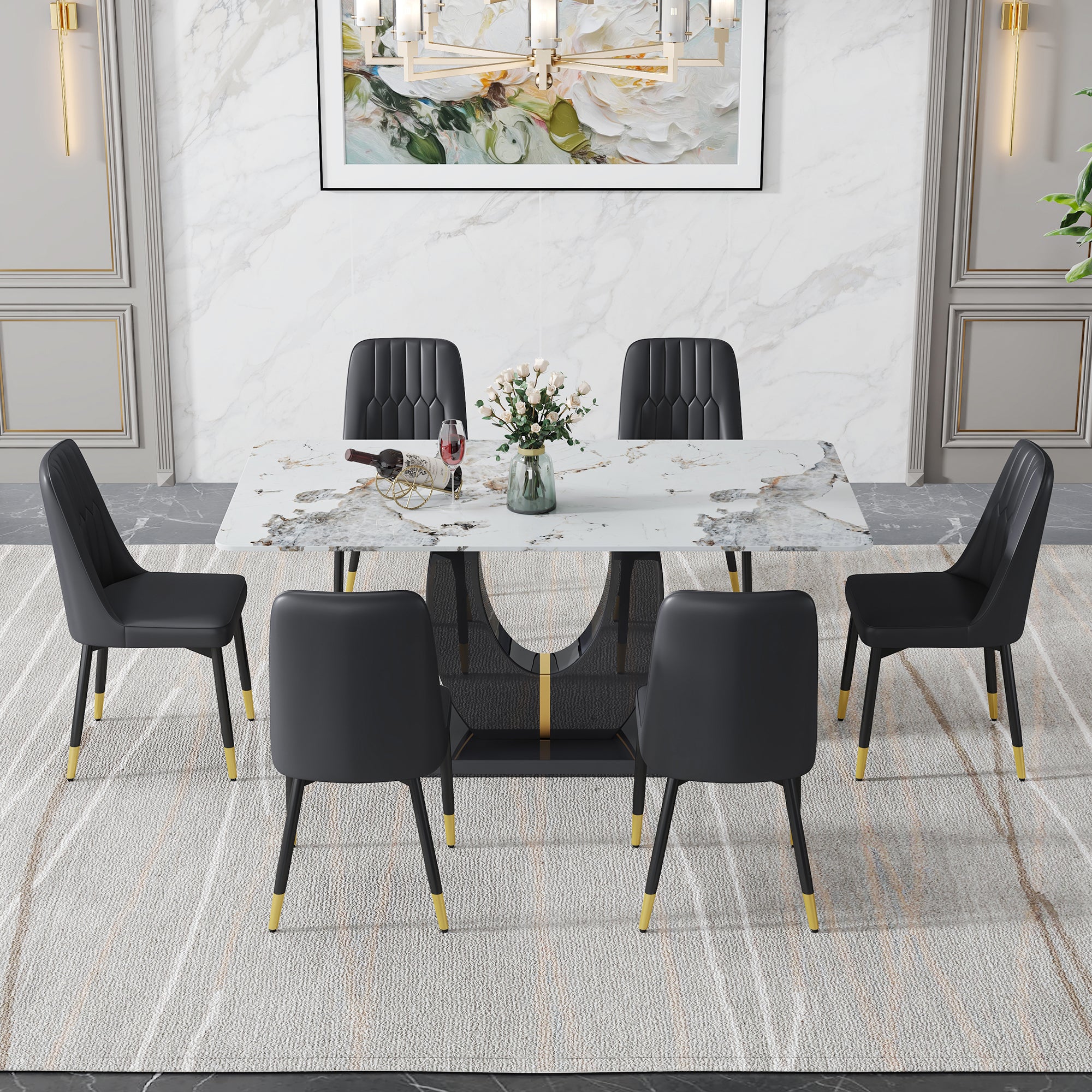 Table And Chair Set, Modern Dining Table, Patterned Table Top And Blac