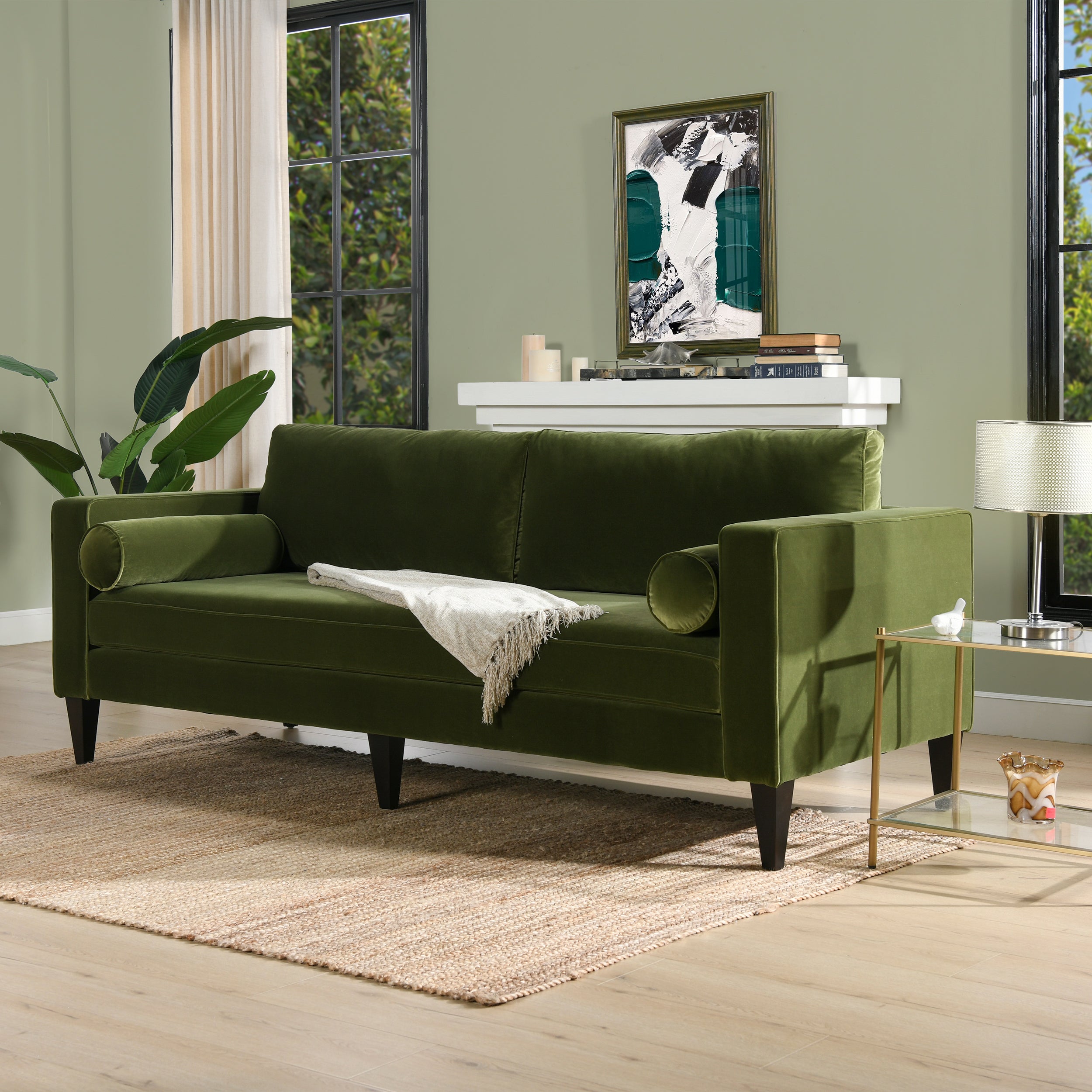 Nicholi 84" Mid Century Modern Sofa, Olive Green Performance Velvet Ol