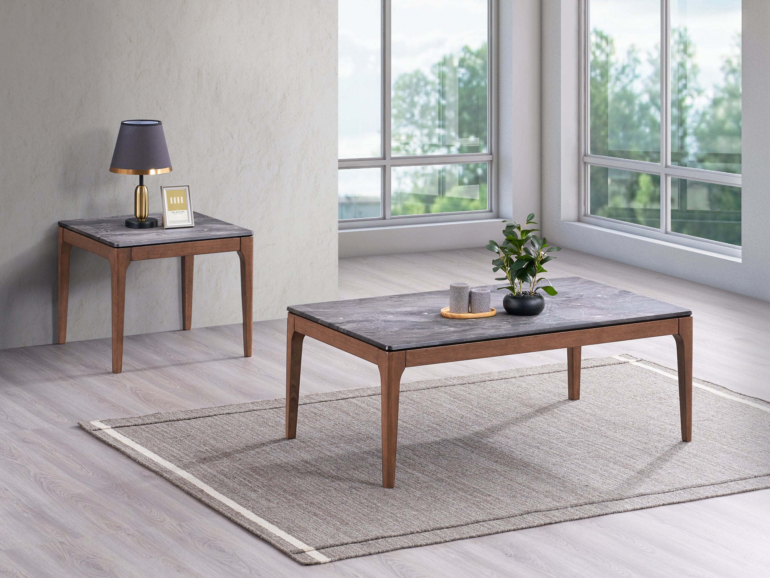 Bevis Coffee Table, Engineered Stone & Walnut Finish Lv02645 Walnut Wo
