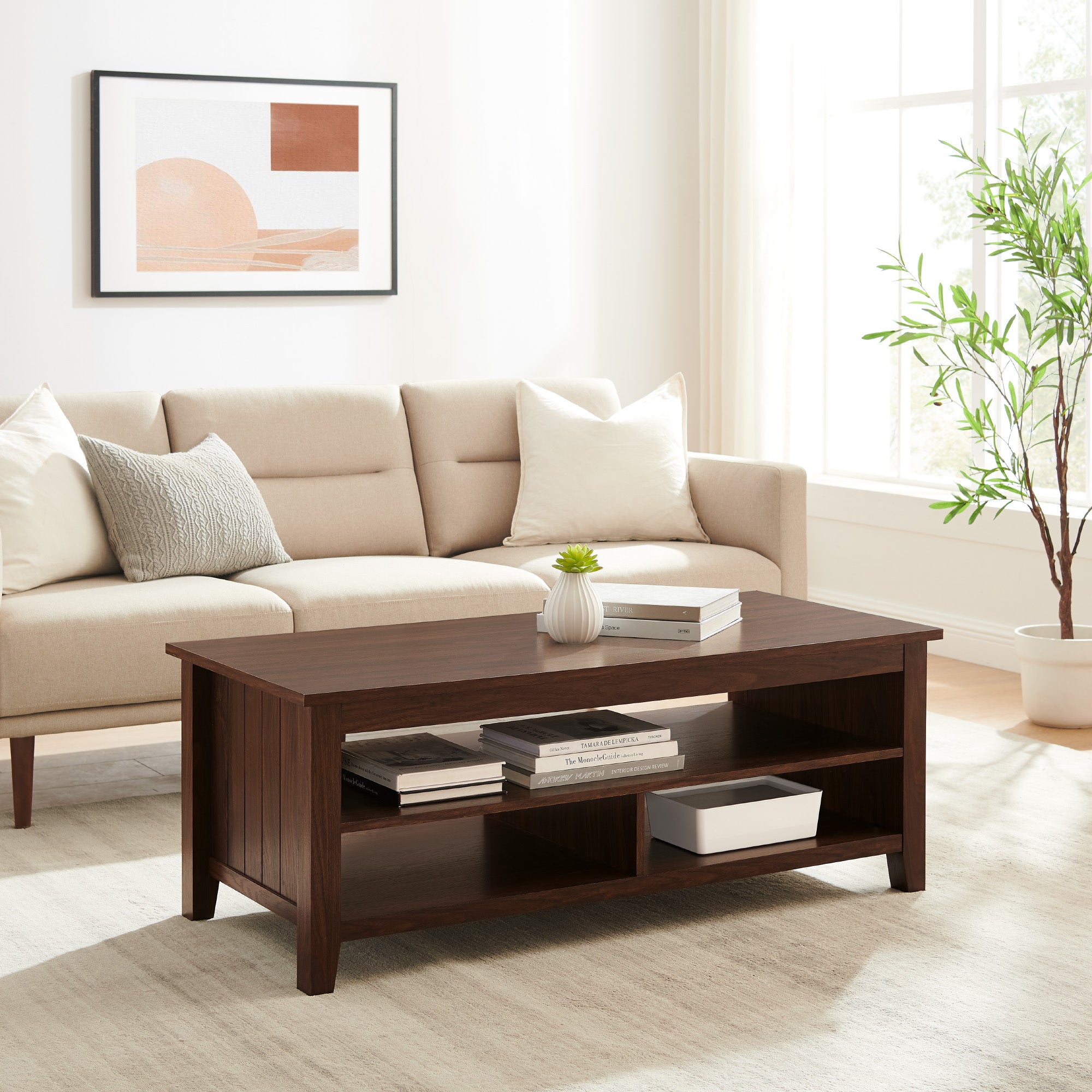 Coastal Grooved Panel Coffee Table With Lower Shelf Dark Walnut Dark B