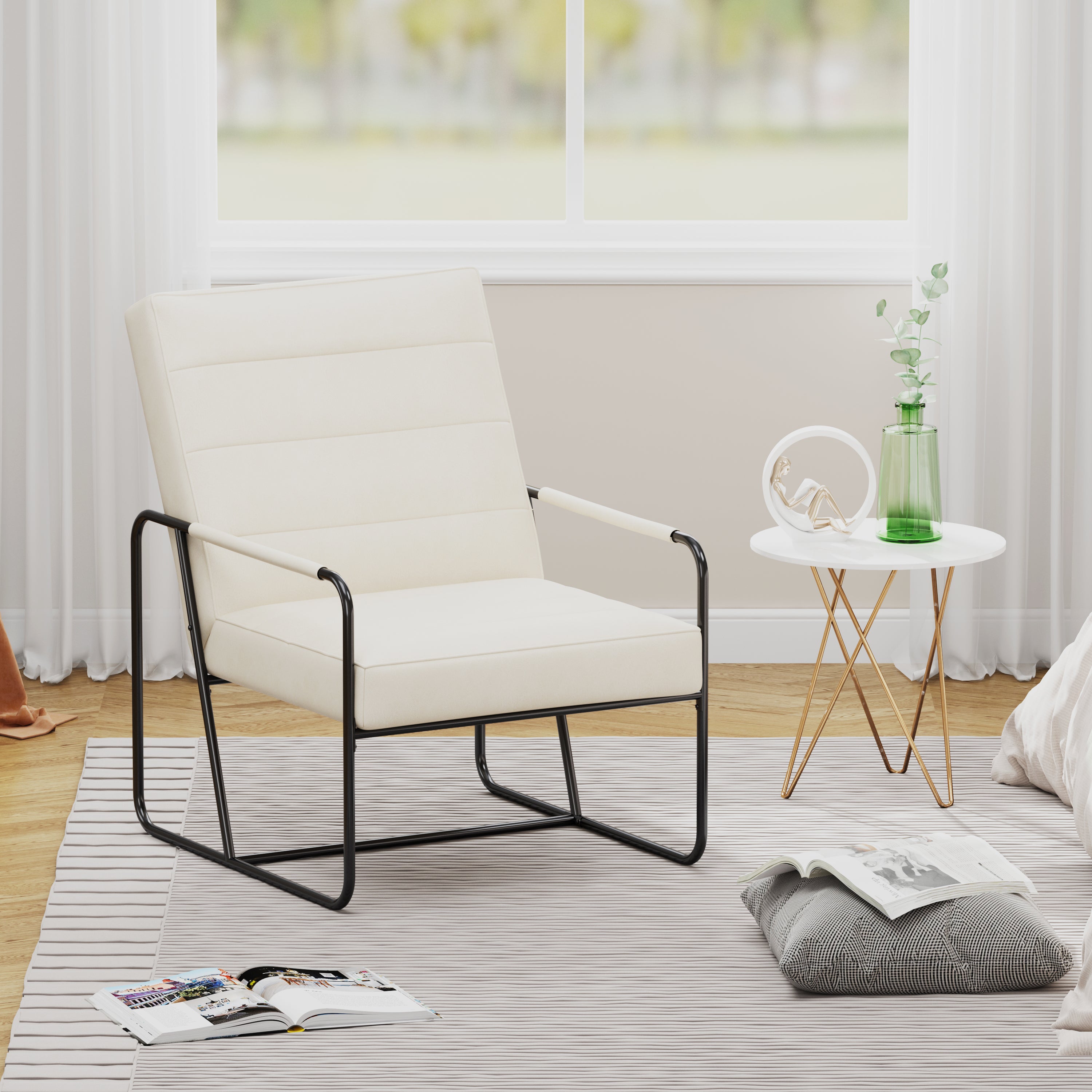 Modern Metal Framed Armchair With Beige Technical Leather,Stylish & Co