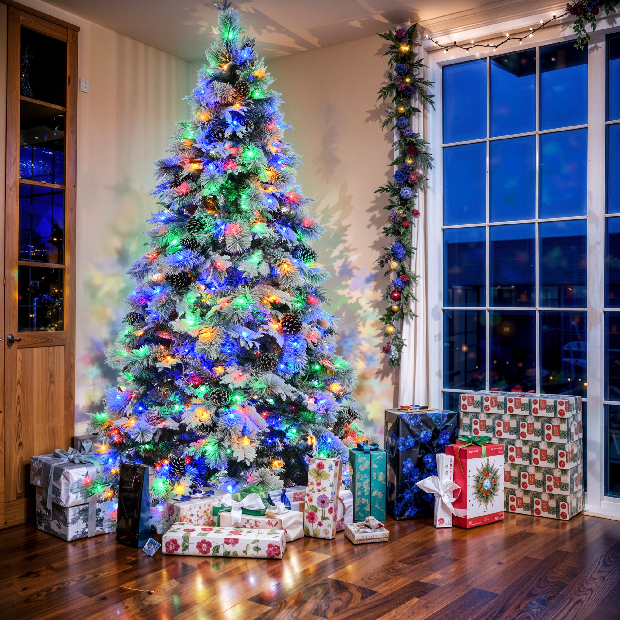 7.5Ft Pre Lit Spruce Snow Flocked Christmas Tree With Pine Cones, Arti
