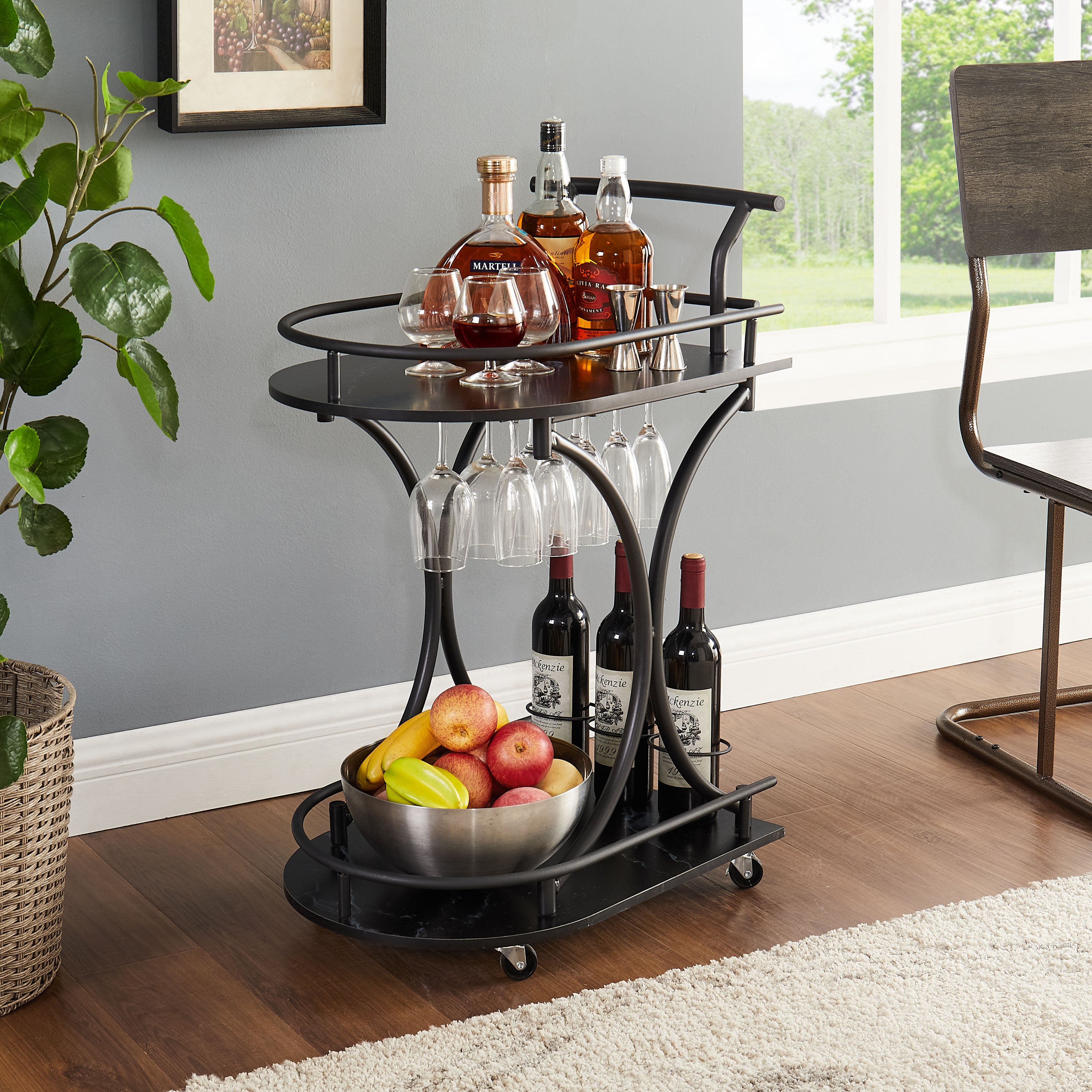 Black 2 Tier Bar Cart, Slide Bar Serving Cart, Retro Style Wine Cart F