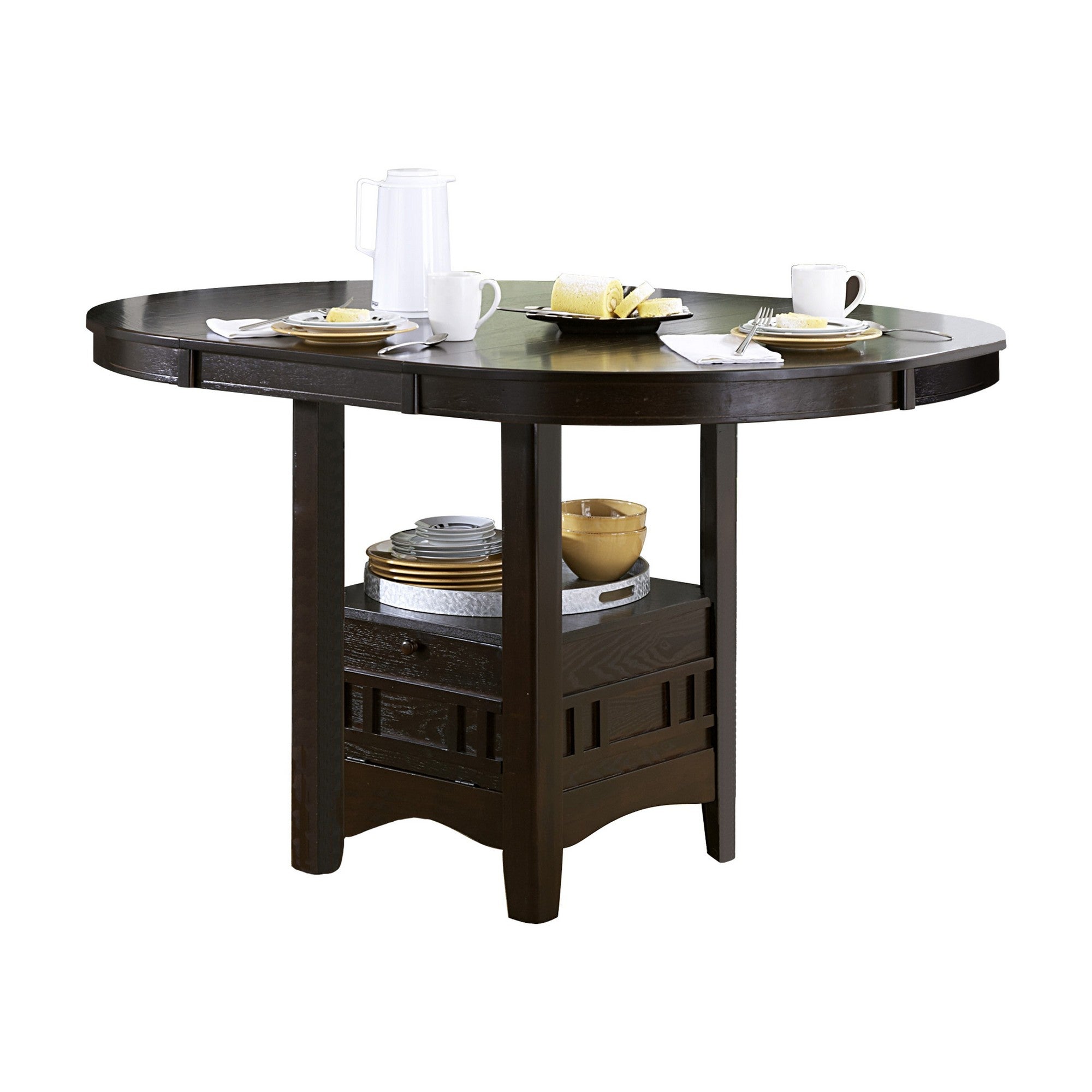Oval Wooden Counter Height Table With Extension Leaf And Open Shelf, B