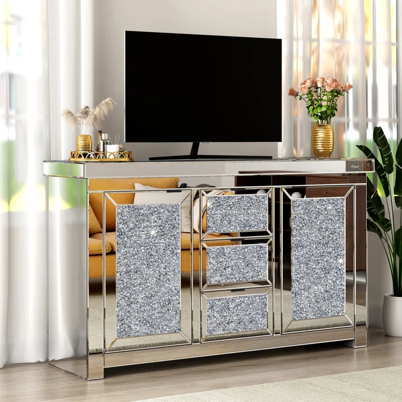 57" Wide 3 Drawer Mirrored Glass Sideboard Silver Kitchen Luxury,Moder