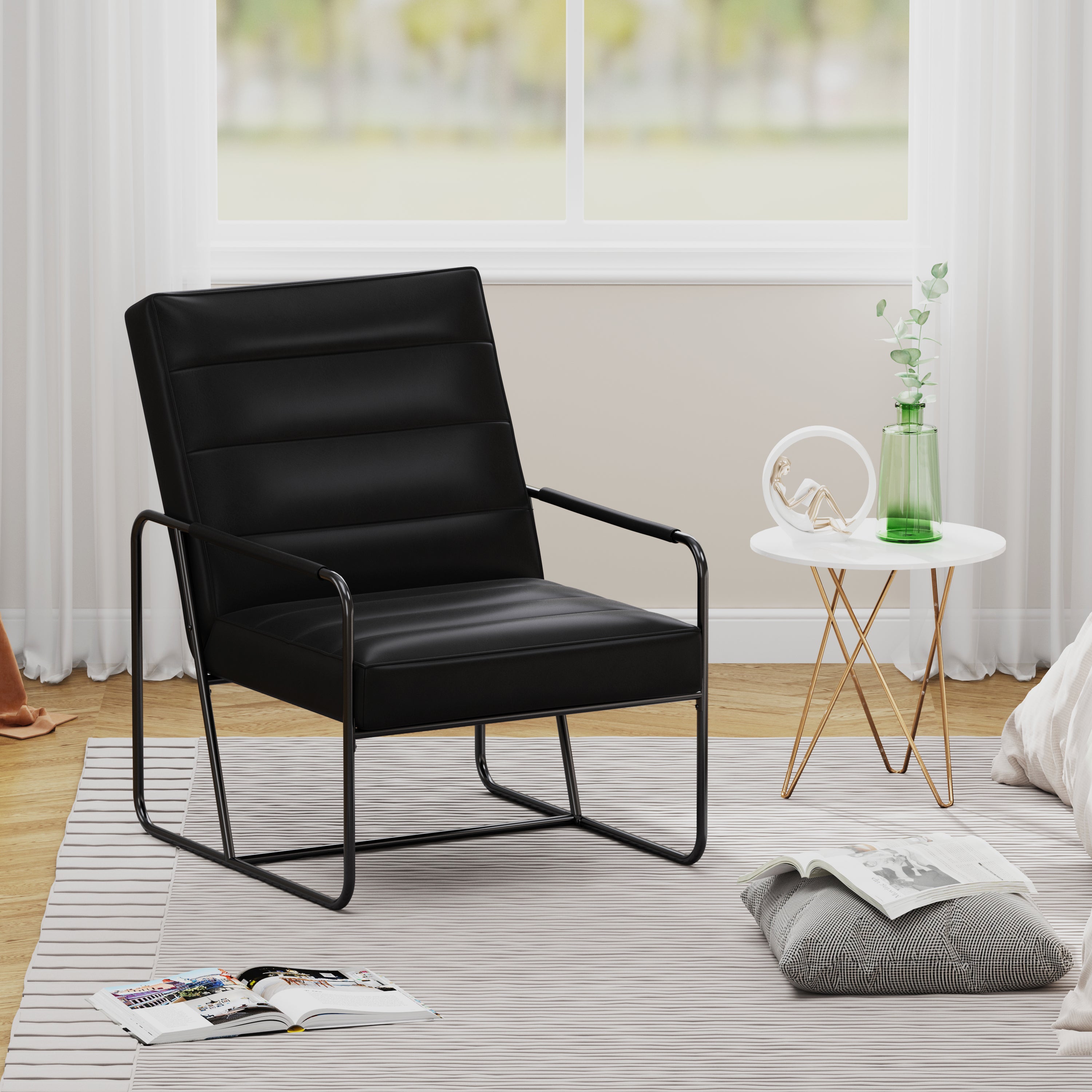 Modern Metal Framed Armchair With Black Technical Leather,Stylish & Co