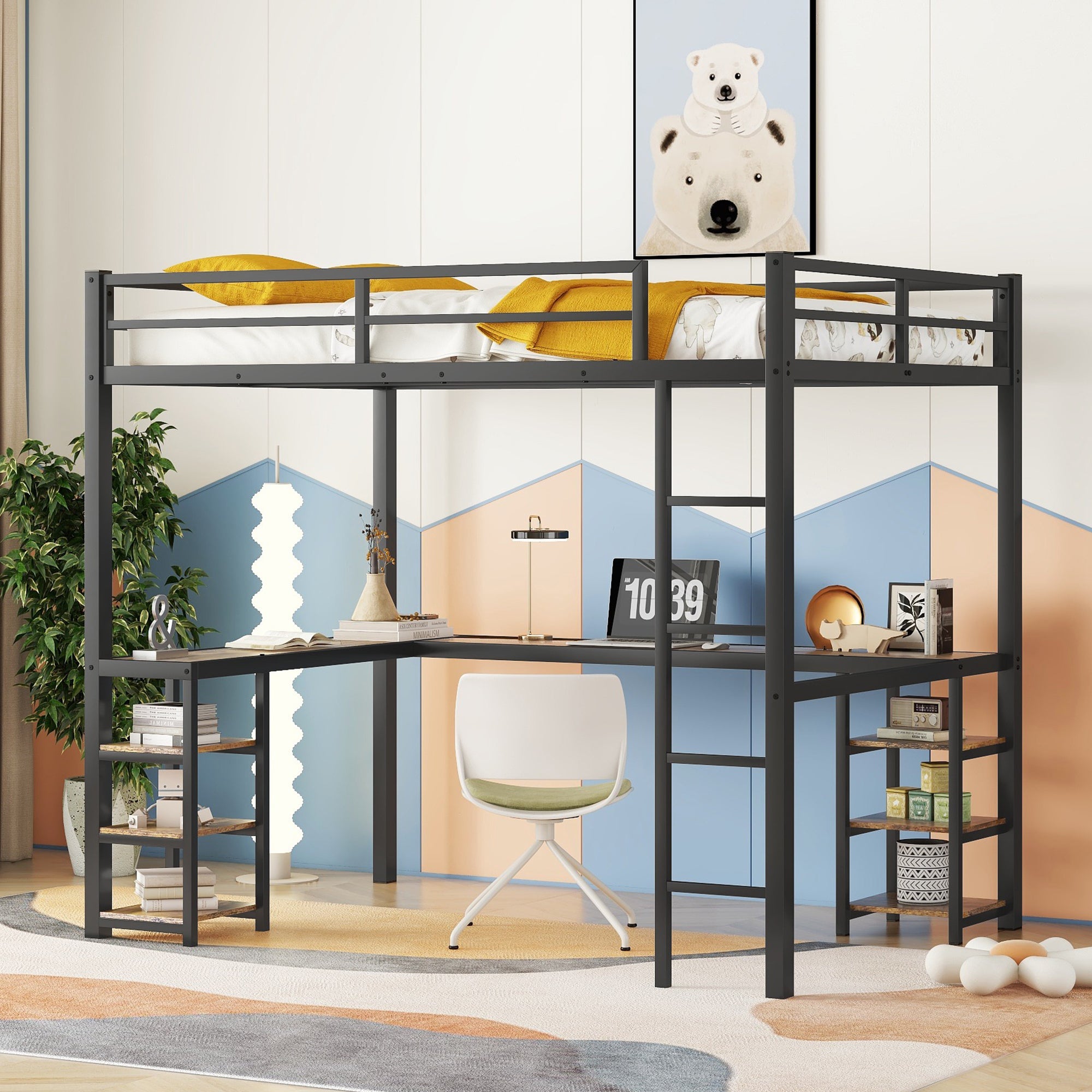 Full Xl Metal Loft Bed With Desk And Shelves, Loft Bed With Ladder And