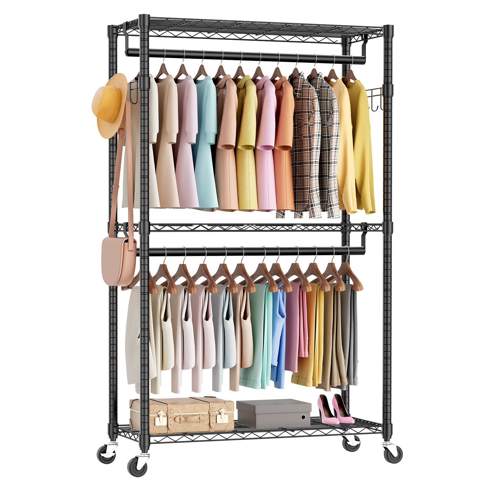 Rolling Clothes Rack, Heavy Duty Garment Racks 3 Tiers Portable Adjust