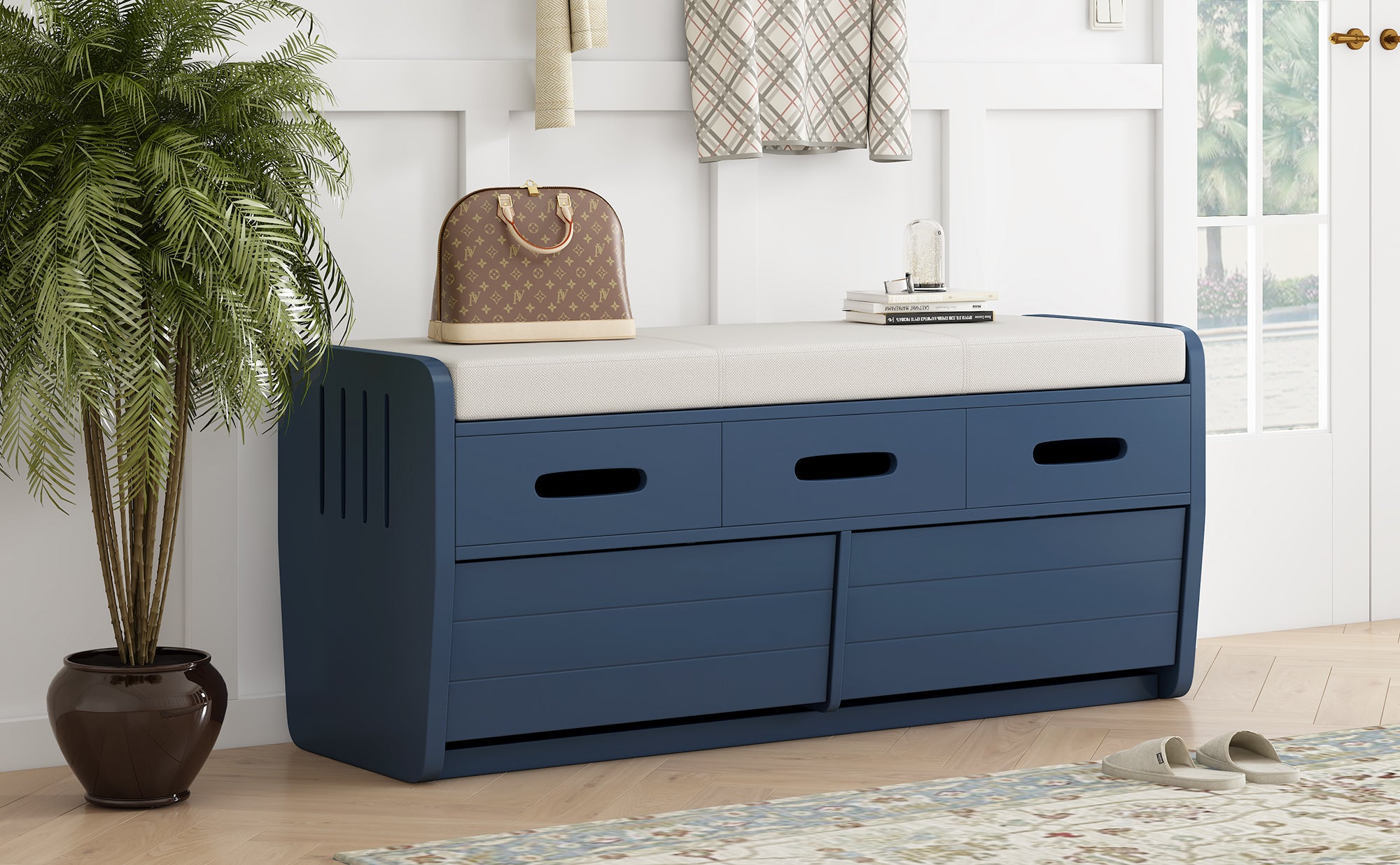 Rustic Storage Bench With 2 Drawers, Hidden Storage Space, And 3 False