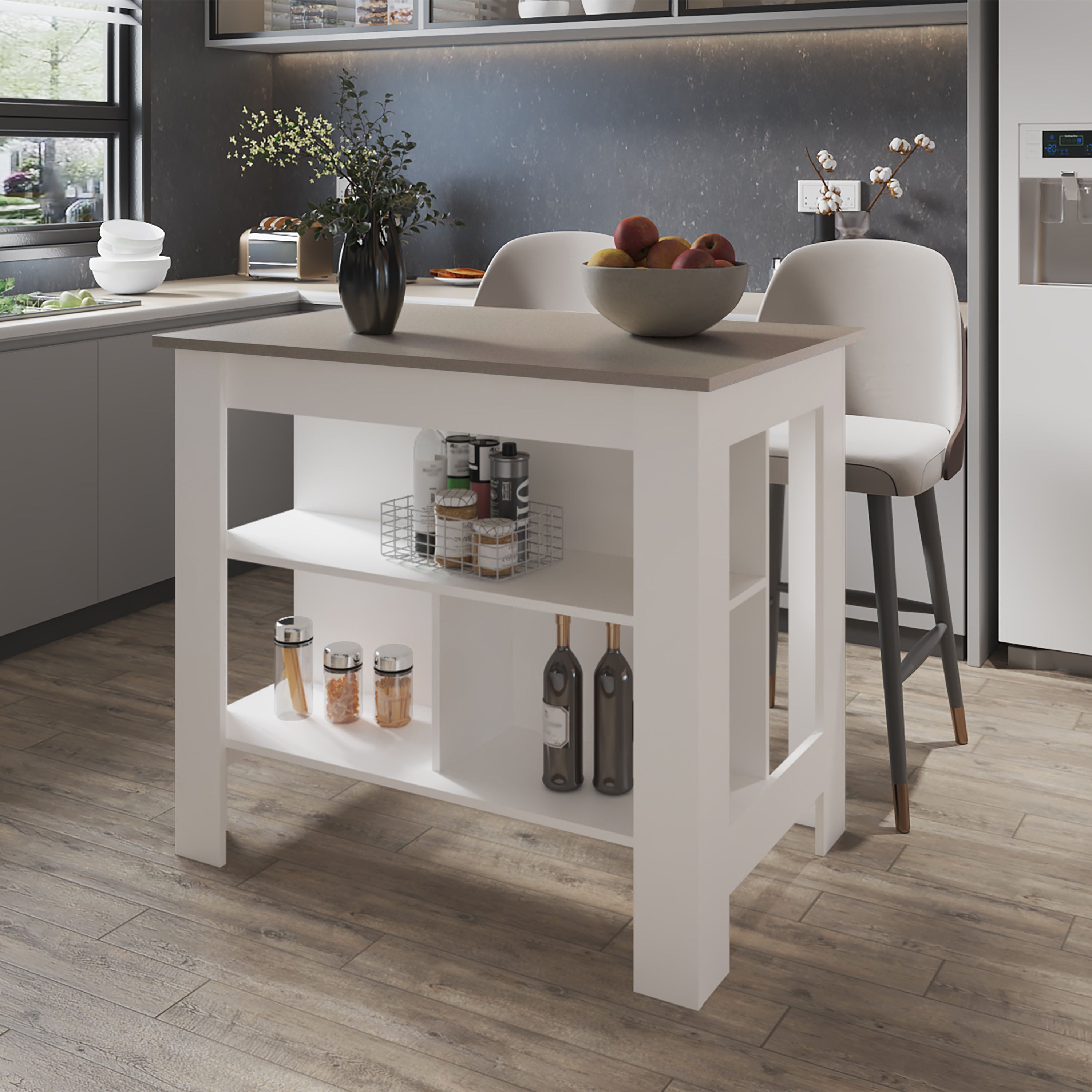 Aztec Kitchen Island In Melamine With Open Storage, Taupe White Multi