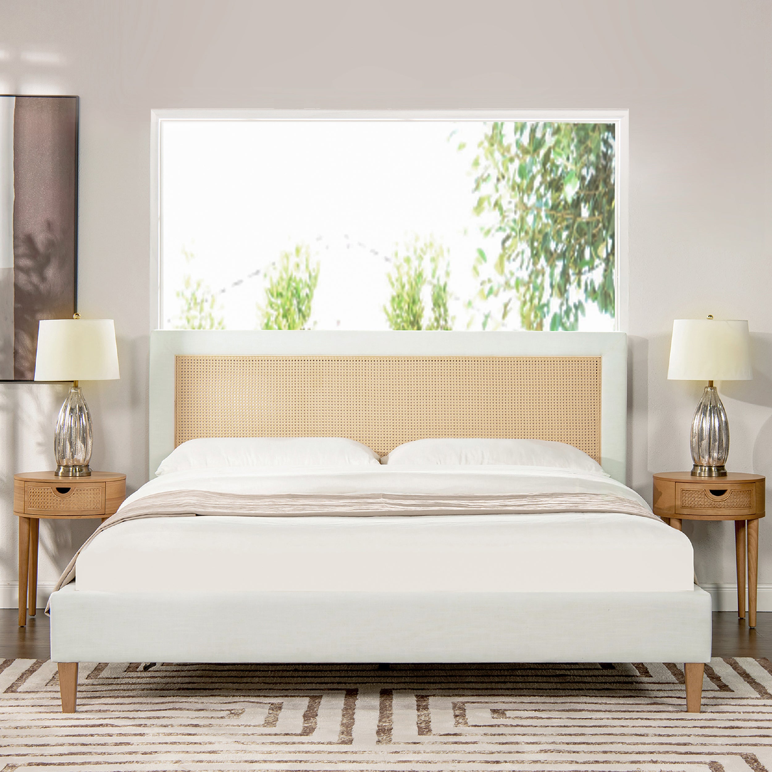Haley Upholstered Cane Back Platform Bed, King, Antique White Polyeste