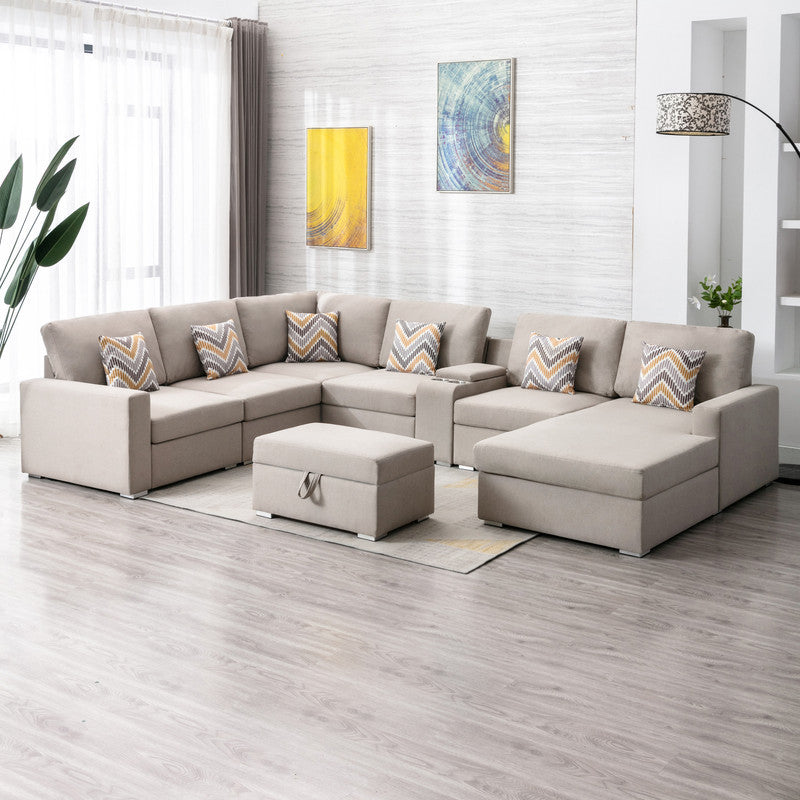Nolan 135" Beige Linen Fabric 8Pc Reversible Chaise Sectional Sofa Wit