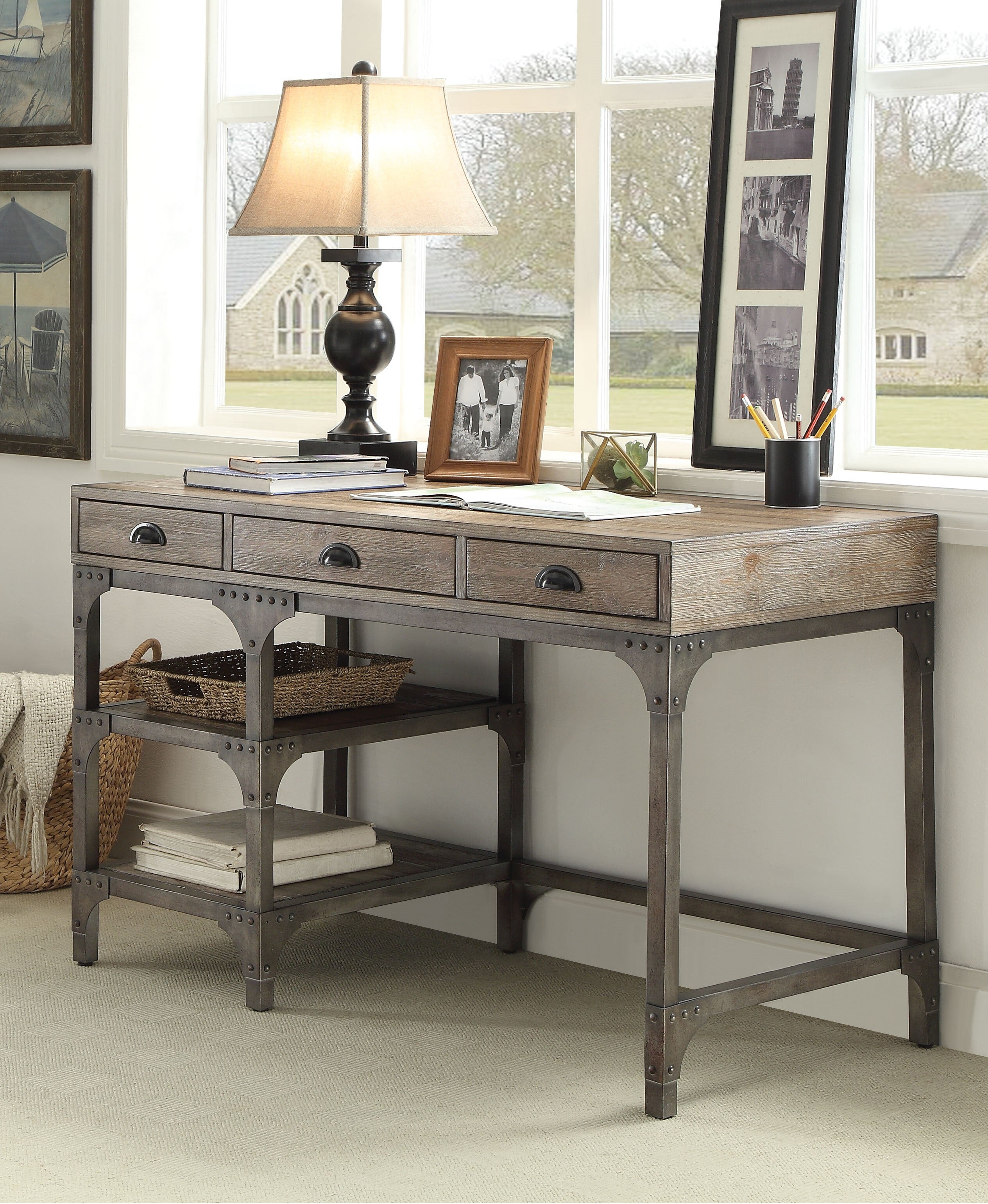 Weathered Oak And Antique Silver 3 Drawer Writing Desk Oak Silver Writ