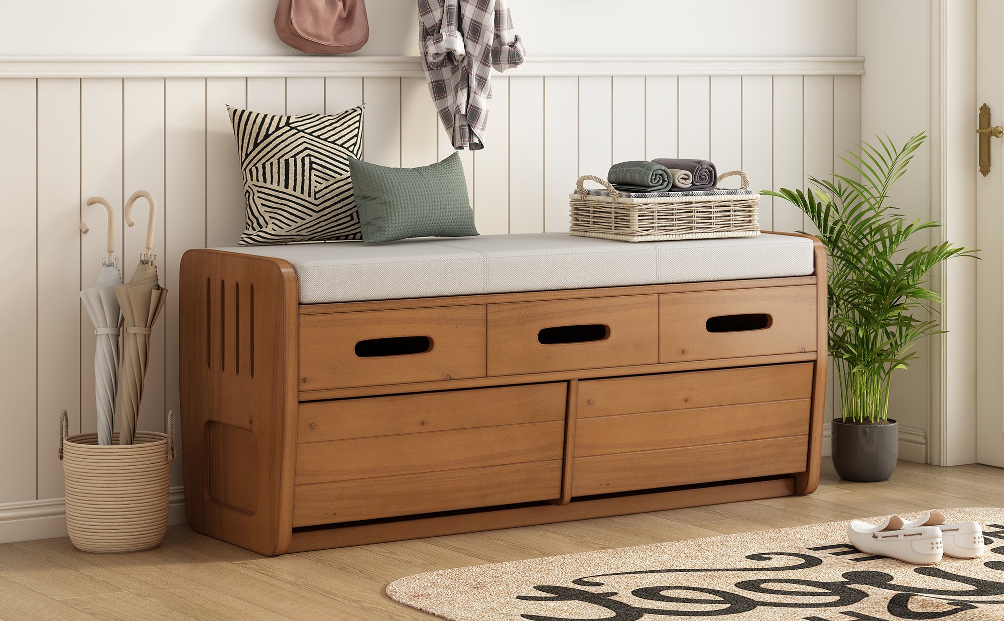Rustic Storage Bench With 2 Drawers, Hidden Storage Space, And 3 False