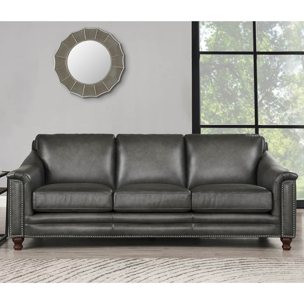 Belfast Top Grain Leather Sofa Couch Gun Ash Genuine Leather Wood Prim