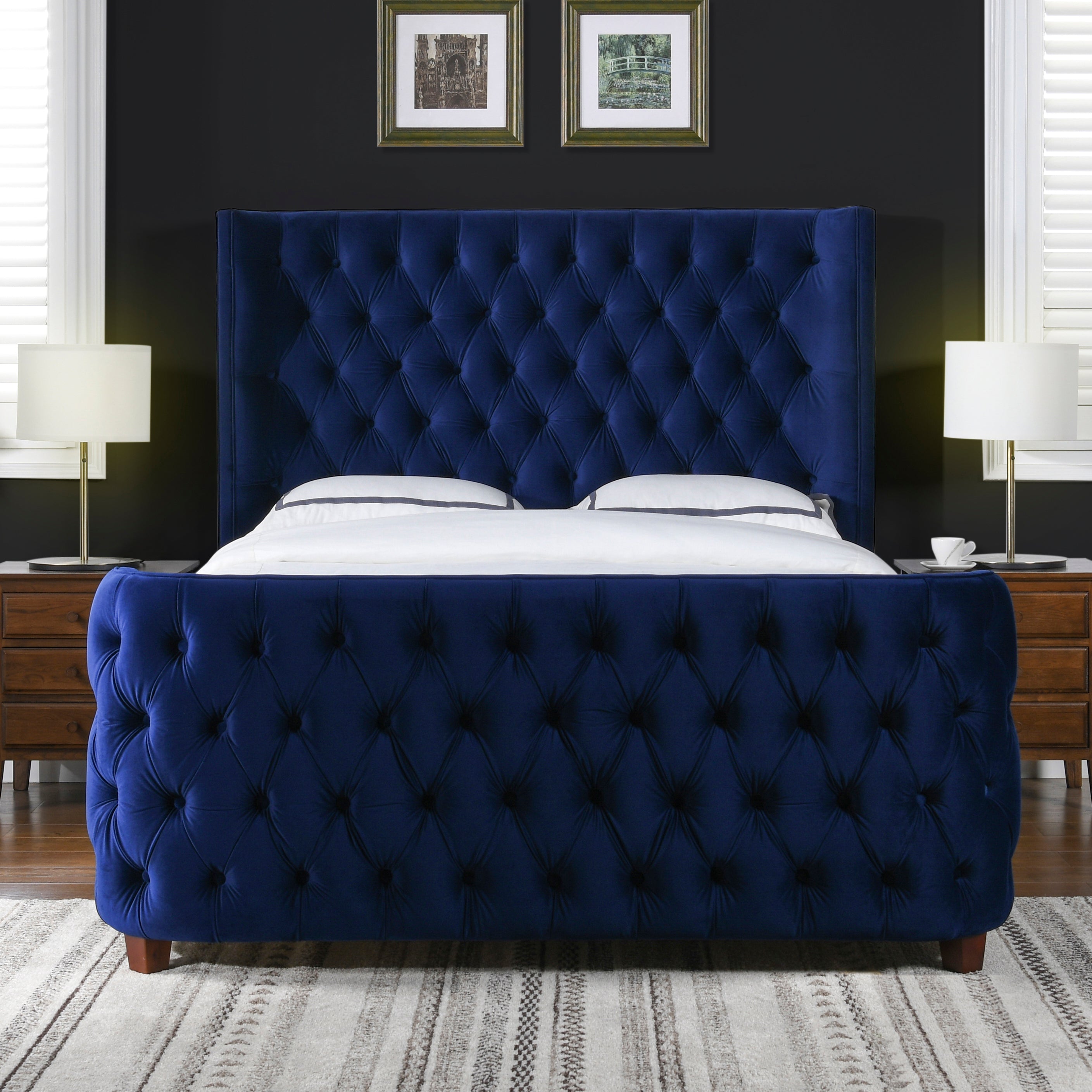 Brooklyn King Tufted Panel Bed Headboard And Footboard Set, Navy Blue