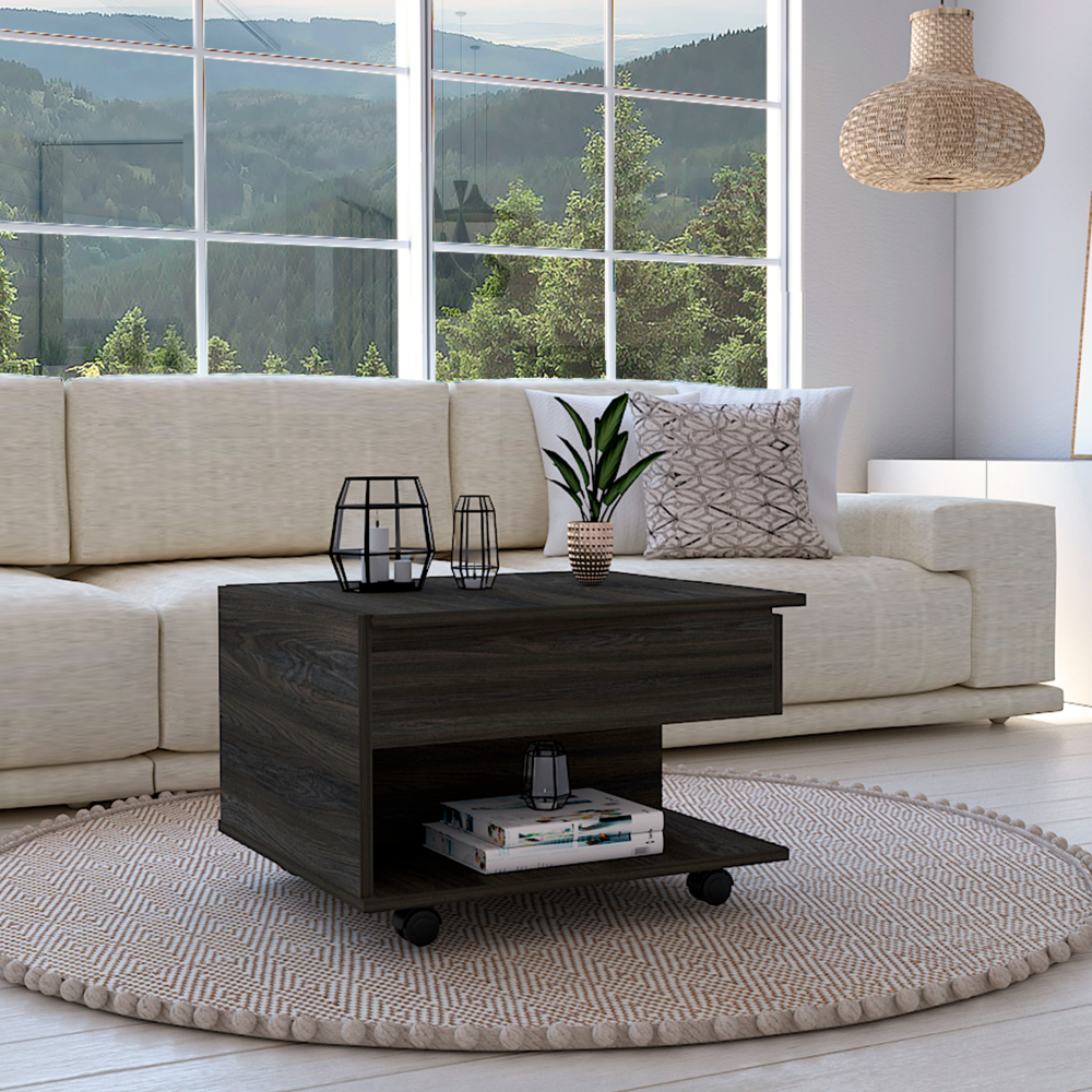 Lift Top Coffee Table, Casters, One Shelf, Carbon Espresso Brown Parti