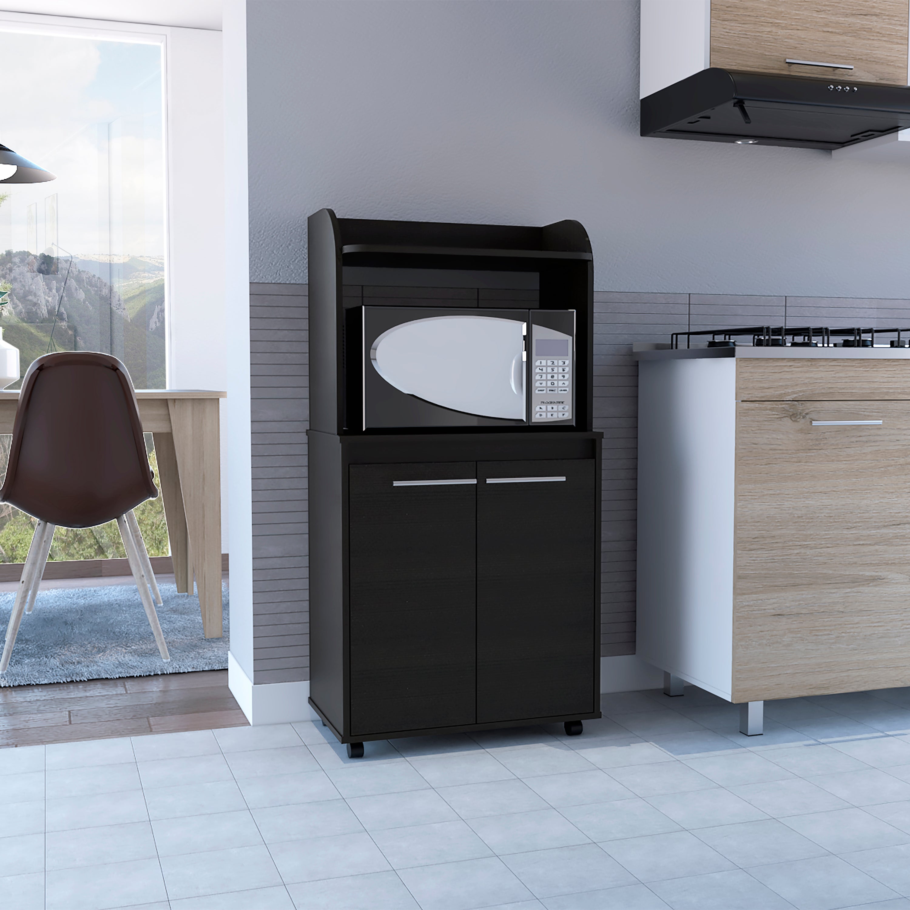Kira Kitchen Kart, Double Door Cabinet, One Open Shelf, Two Interior S