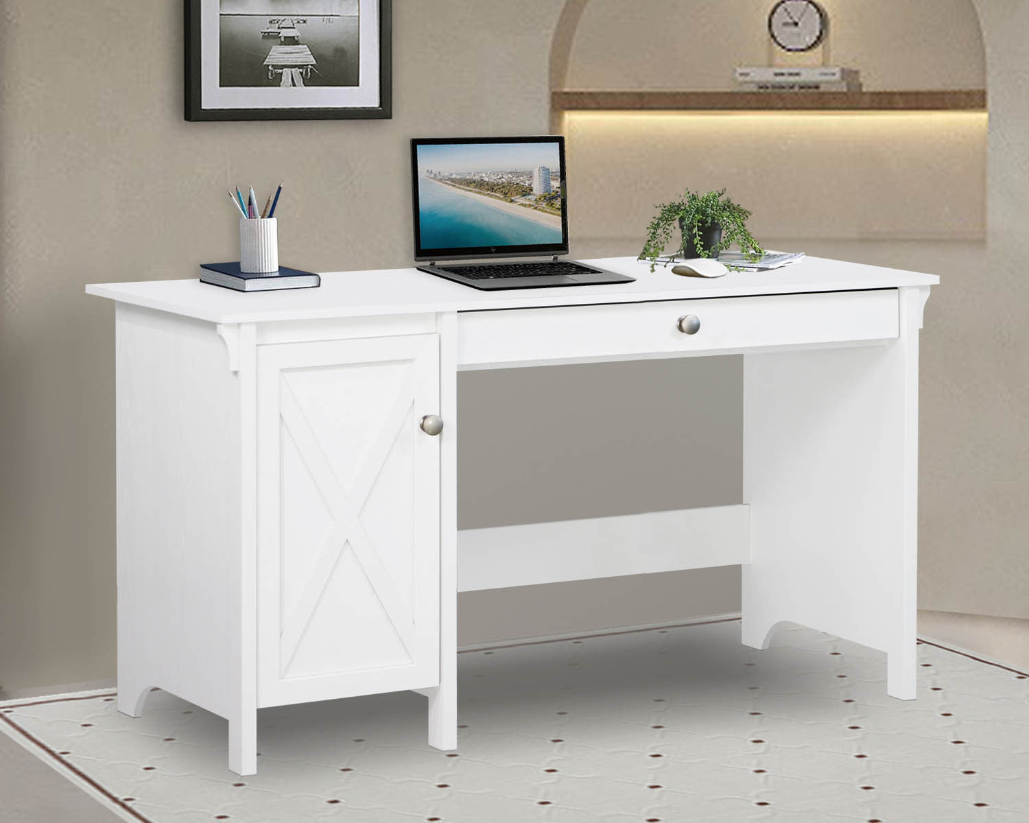 47" Writing Desk Elegant White Desk With Spacious Storage, Multifuncti
