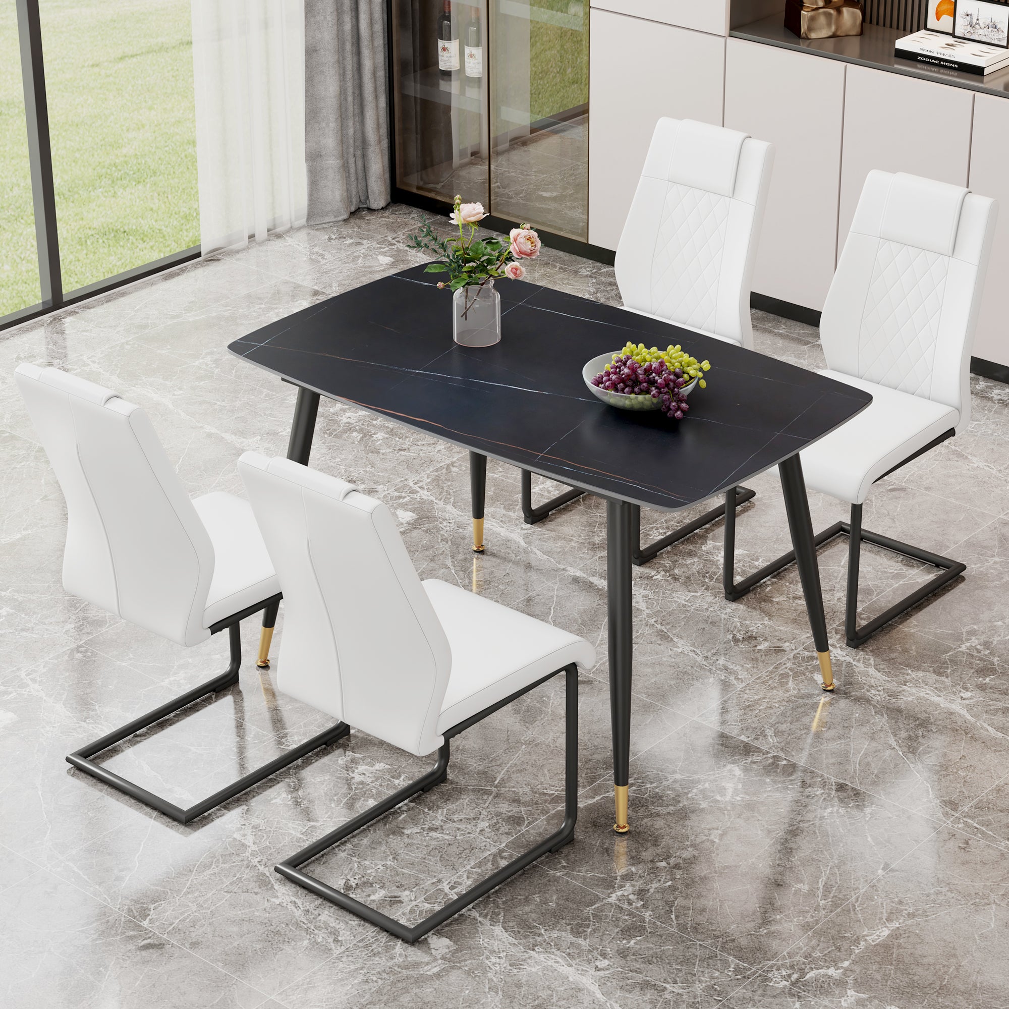 Table And Chair Set. Large Modern Rectangular Table With Black Texture