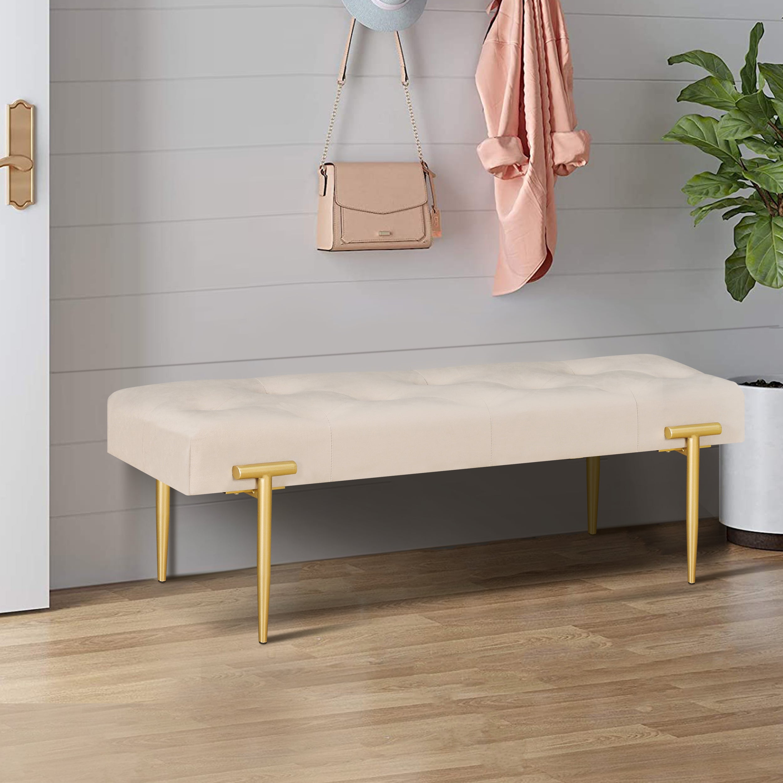 48'' Modern Ottoman Bench Velvet Bench Upholstered Footrest With Gold