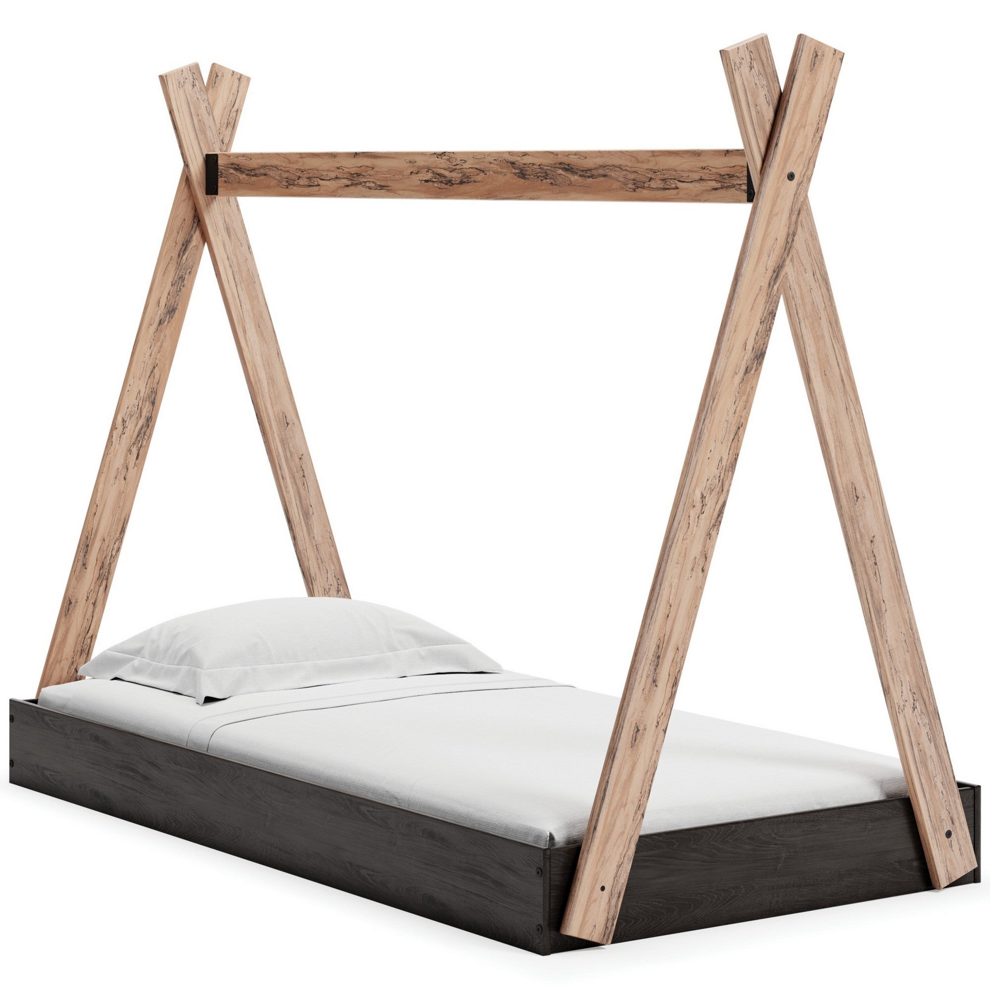 Pipa Modern Twin Size Bed, Crossed Wood A Frame Tent Stand, Jet Black