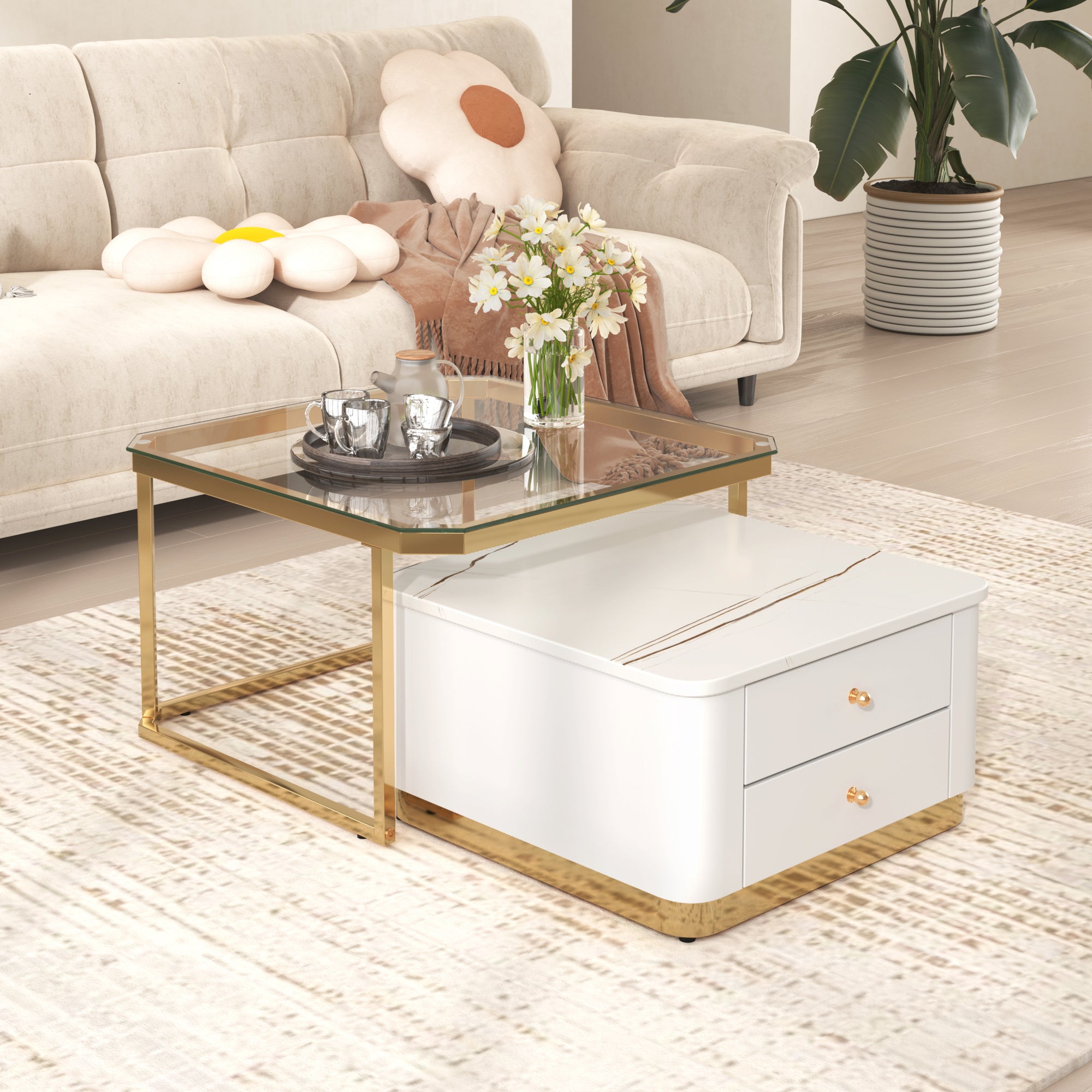 Modern 2 Pieces White Square Nesting Coffee Table With Drawers & Elect