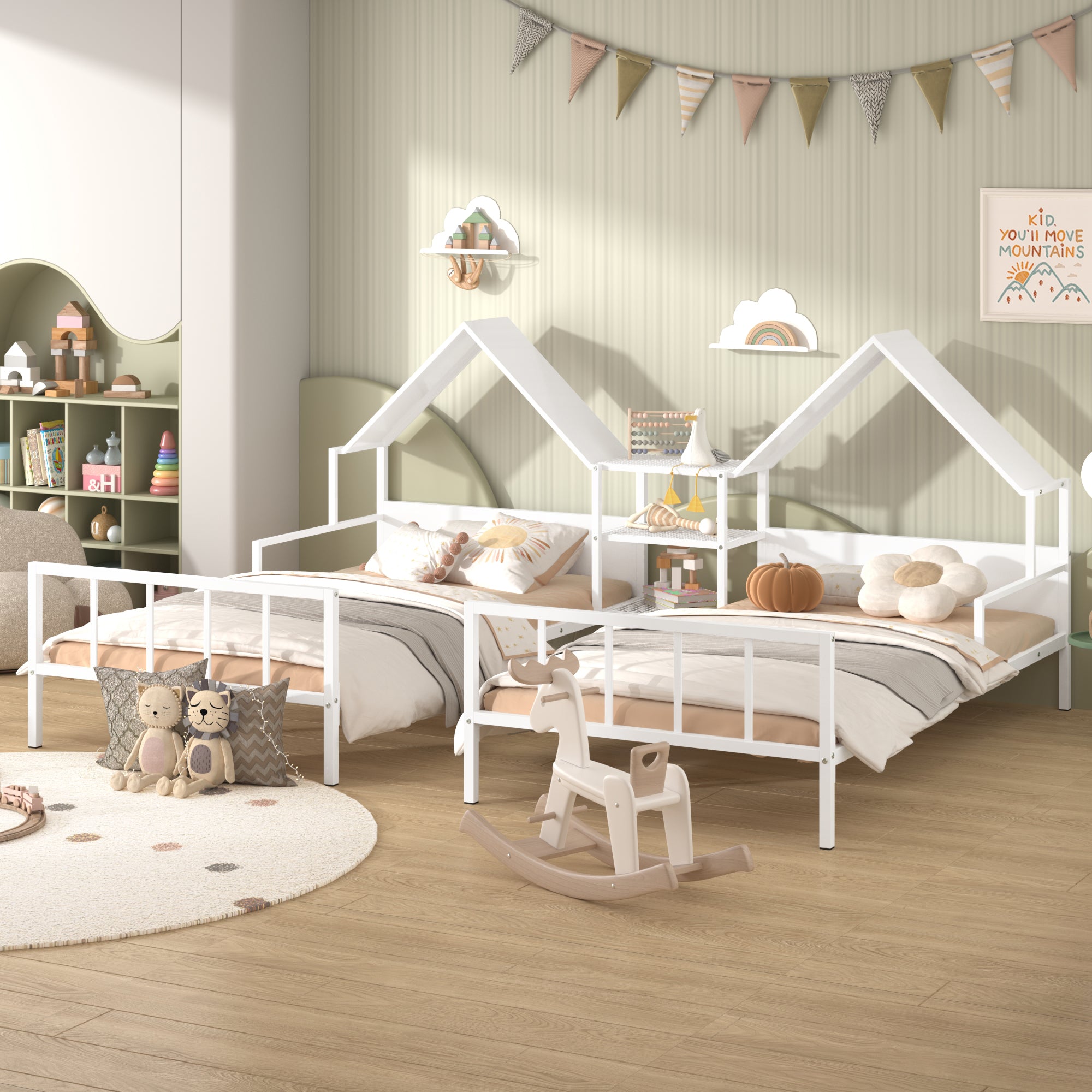 Metal Double Twin Size Platform Bed With House Shaped Headboard And A