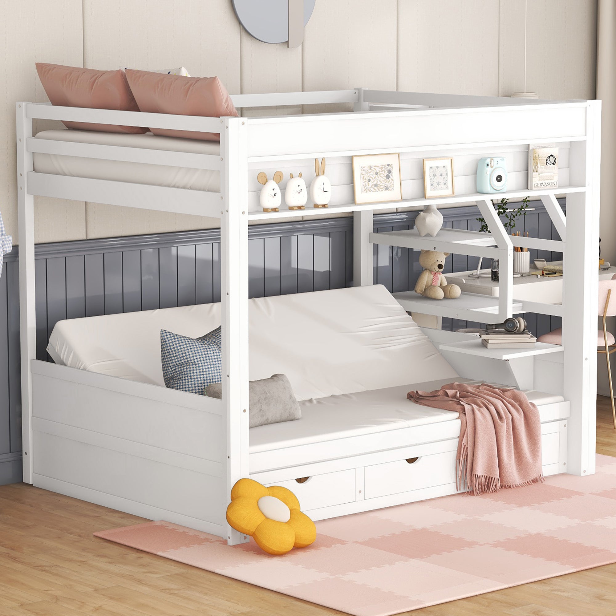 Wood Full Size Convertible Bunk Bed With Storage Staircase, Bedside Ta