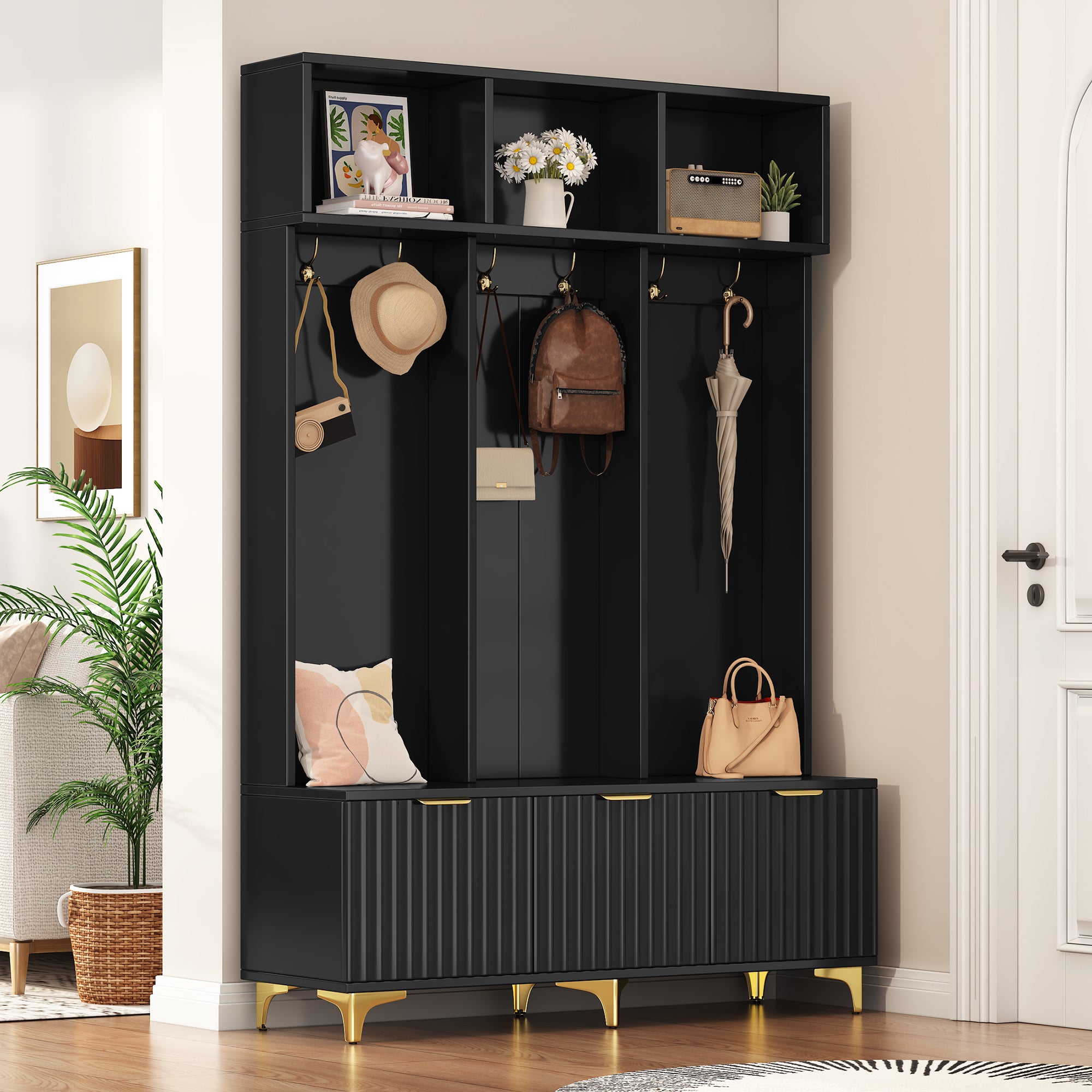 Modern Large Storage Hall Tree With Bench, Multi Functional Storage Be