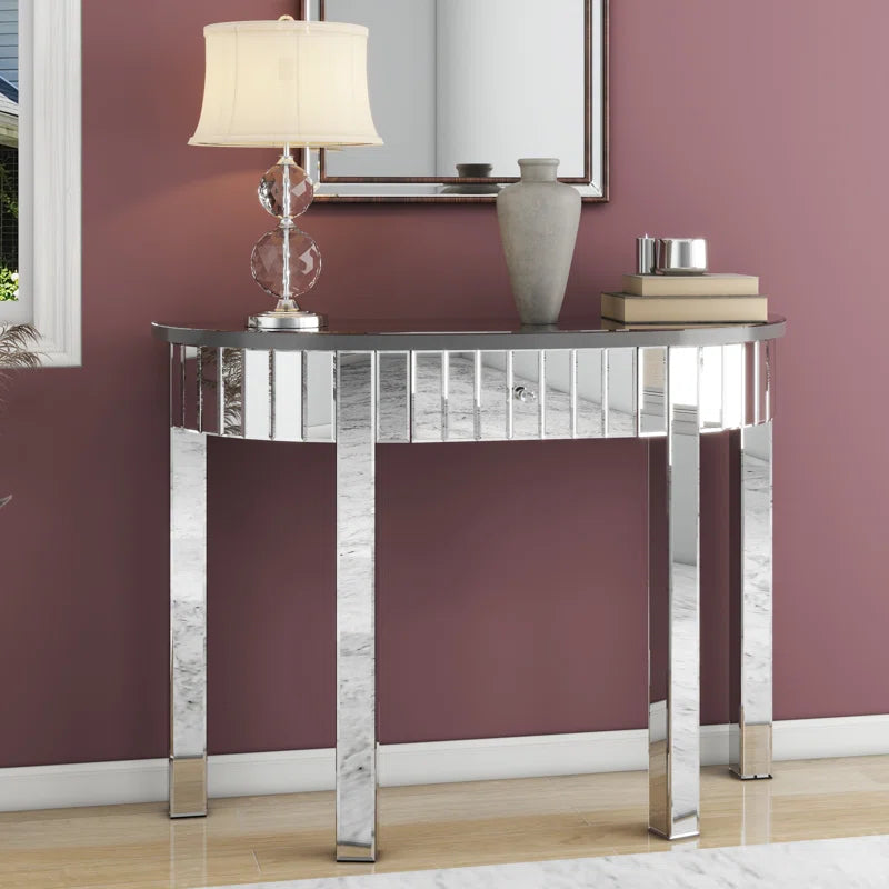 Mirrored Half Moon Console Table, Hd Glass Entryway Table With 1 Drawe
