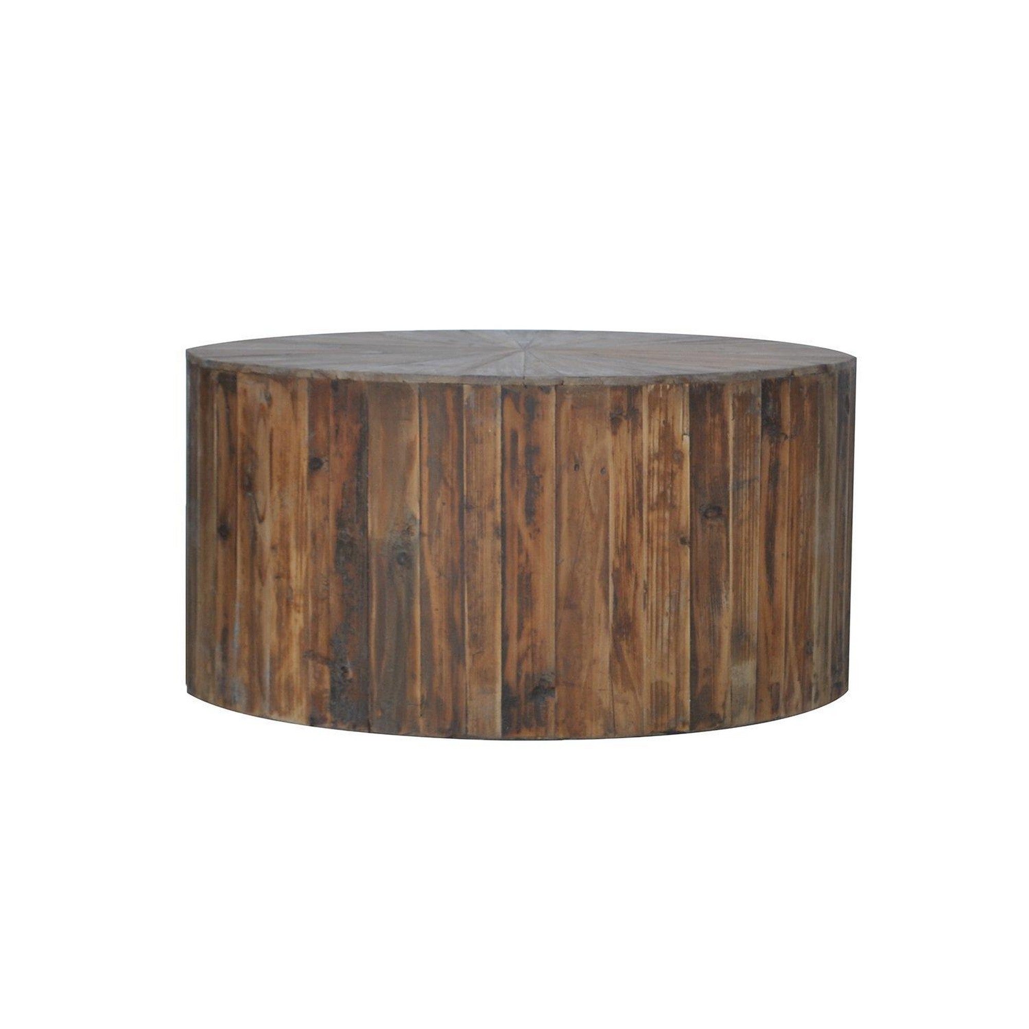 36 Inch Round Drum Coffee Table, Classic Plank Design, Rustic Brown Wo
