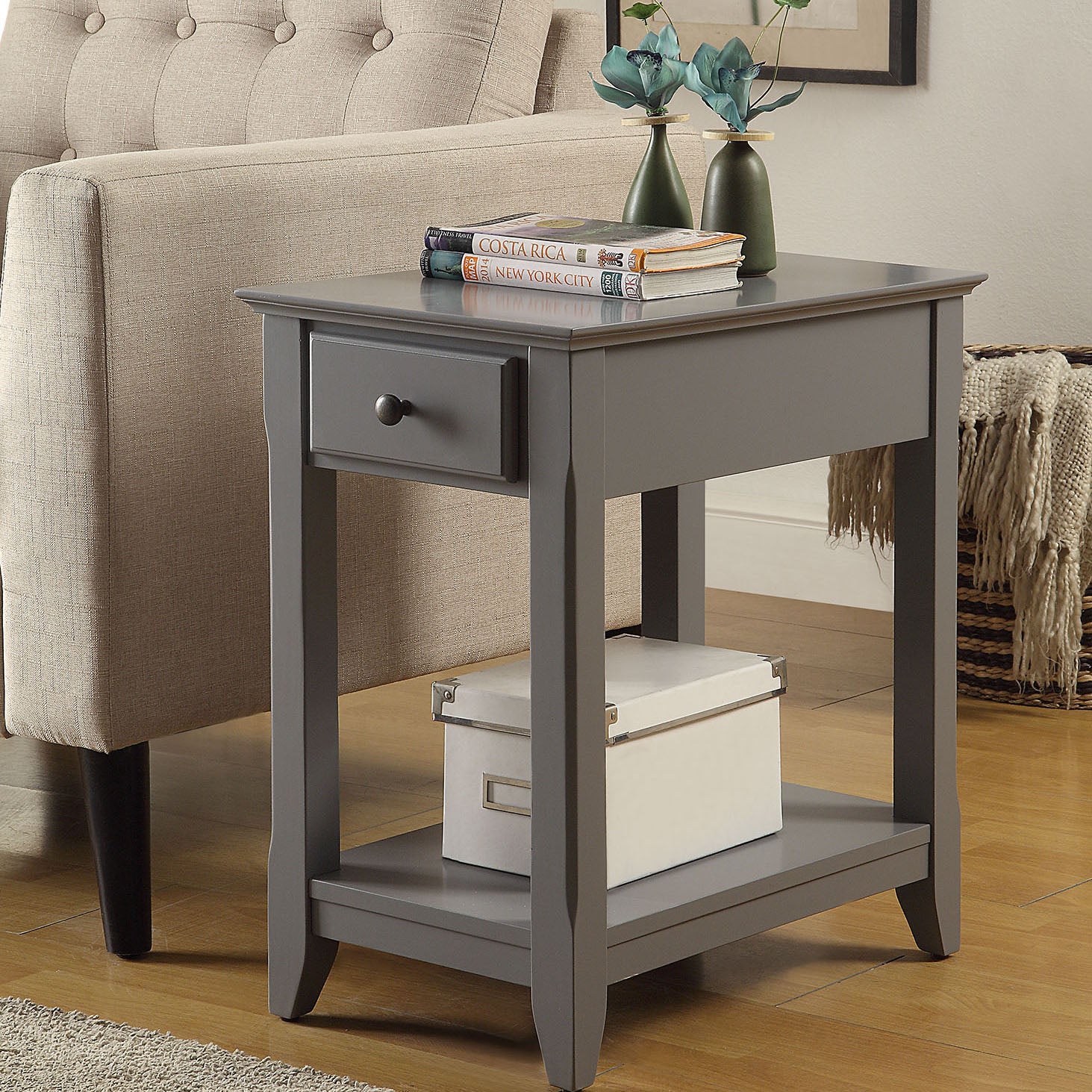 Grey Accent Table With Bottom Shelf Grey Primary Living Space Drawers