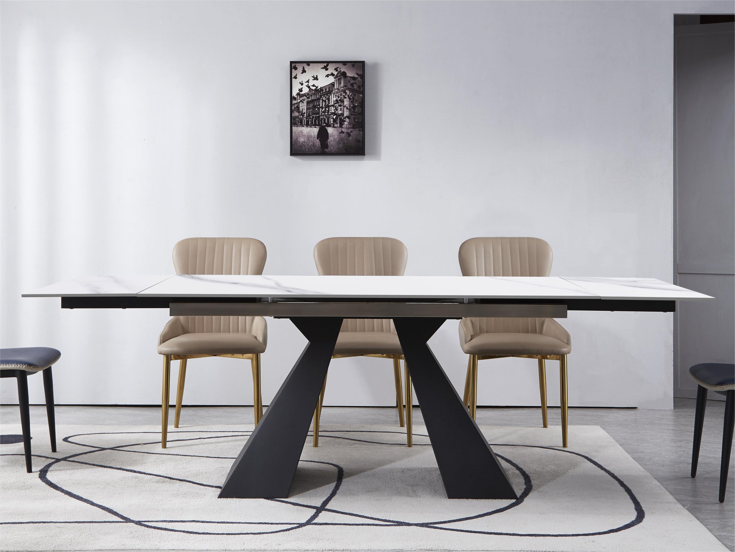 Modern Extendable Dining Table, Maximum Expanded 79", Antique White Si