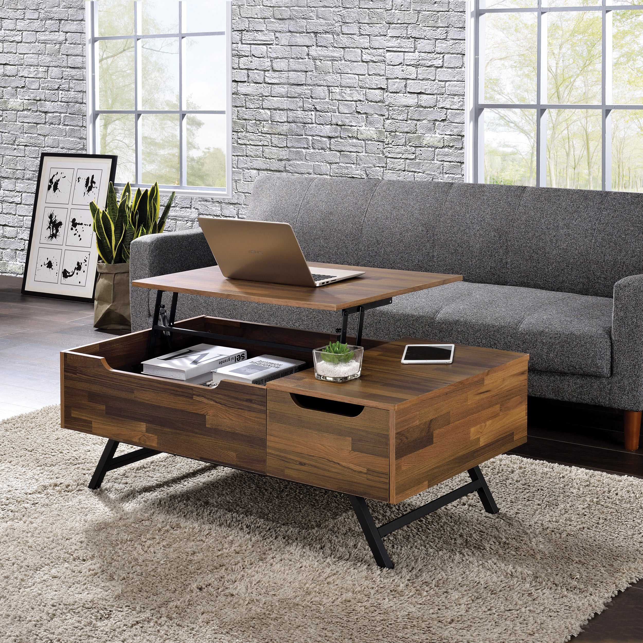 Walnut 1 Drawer Coffee Table With Lift Top Walnut Primary Living Space