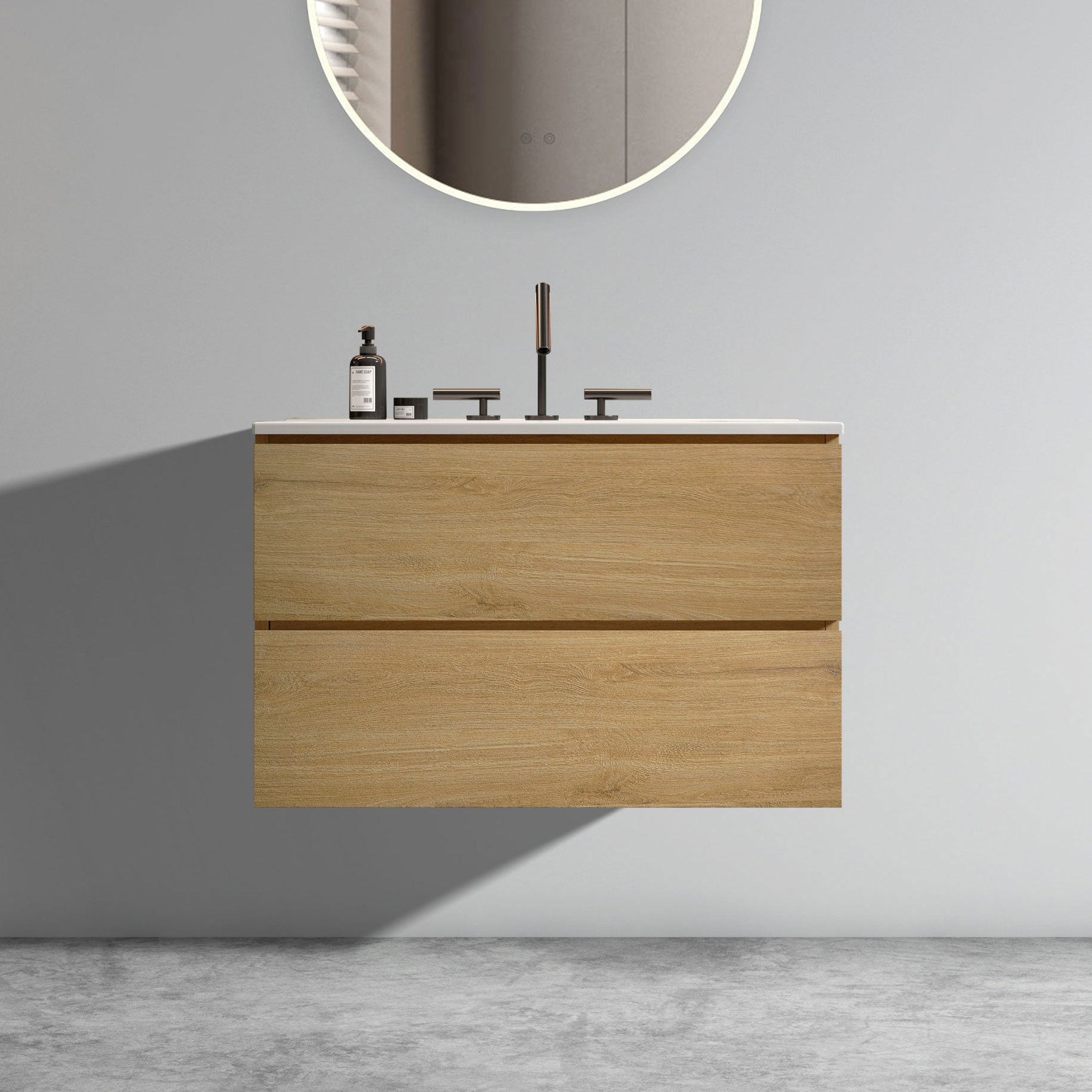 Wall Mount 30" Natural Oak Bathroom Vanity With Ceramic Sink With Thre